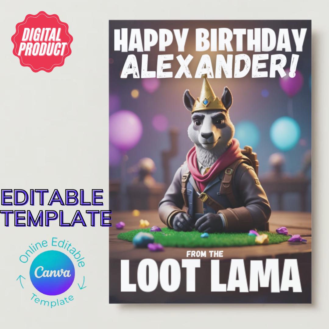 Loot Birthday Card, Gamer Lama Bday Card, Video Game Party Card, Fortn ...
