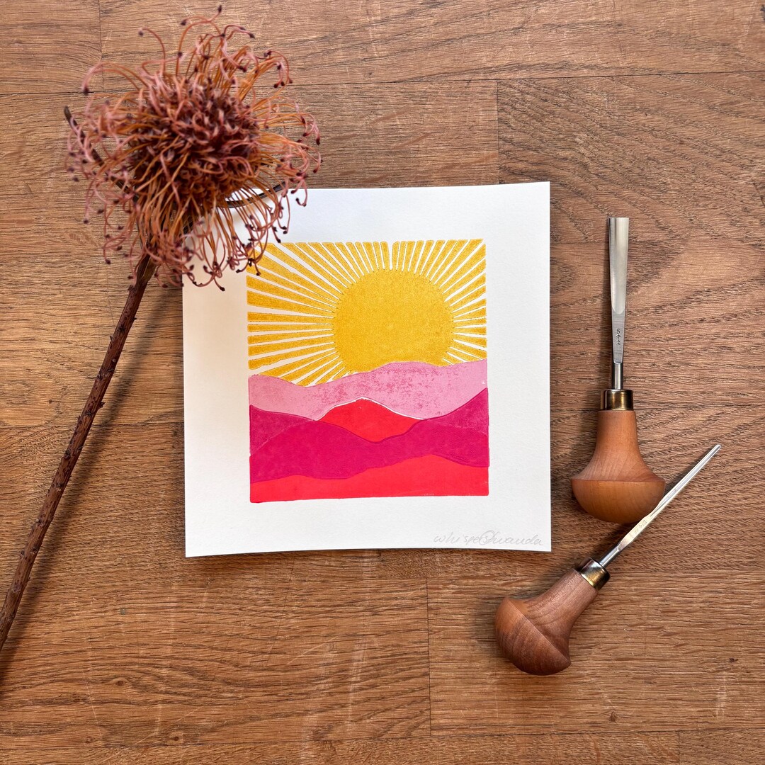 Original Linocut Print „dancing Light“ – Sunset Landscape | Vibrant Art ...