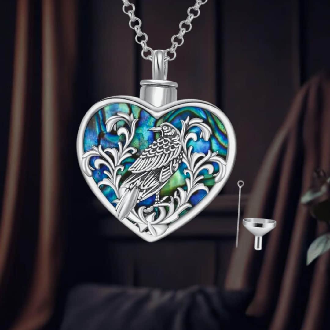 Heart Raven Urn Necklace 925 Sterling Silver Abalone Necklace Cremation ...