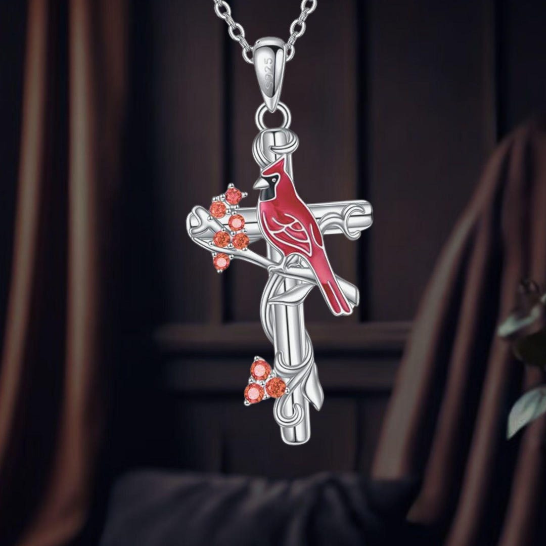 Cardinal Cross Necklace Sterling Silver Red Cardinal Pendant Jewelry ...