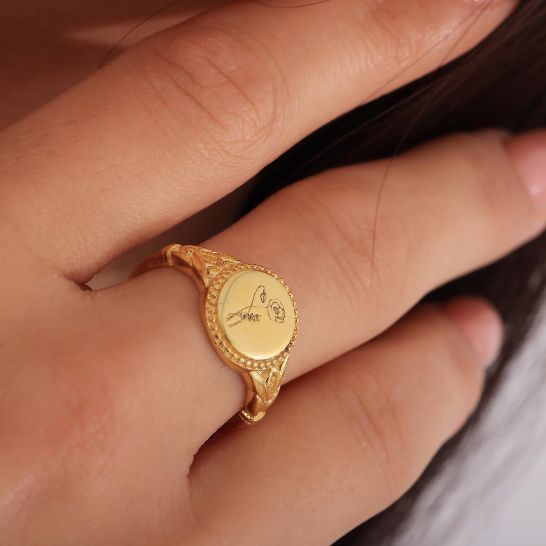 Birth Flower Signet Ring, Personalized Birth Flower Ring, 925 Silver ...