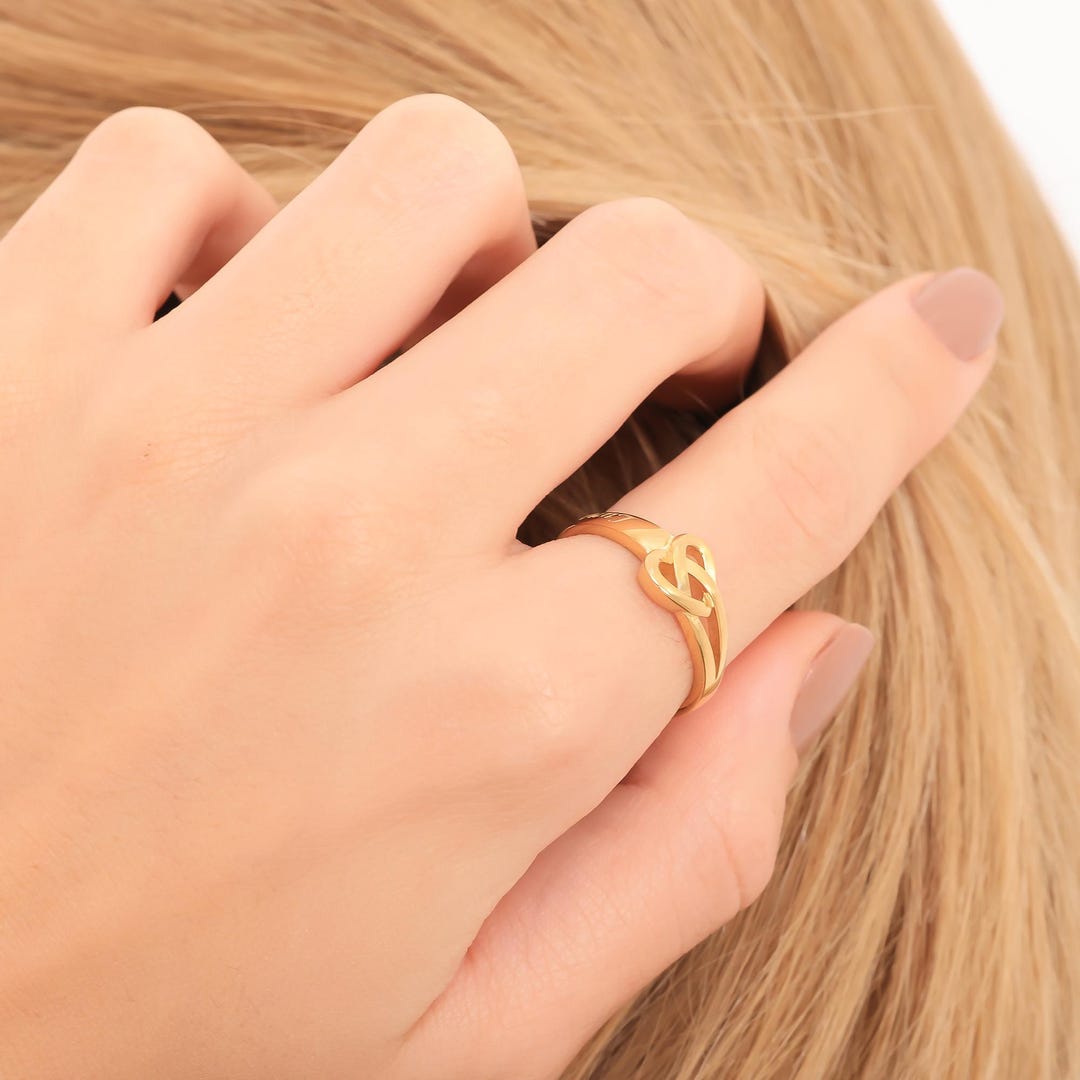 Personalized Knot Heart Ring, Gold Plated Engraved Jewelry - Etsy
