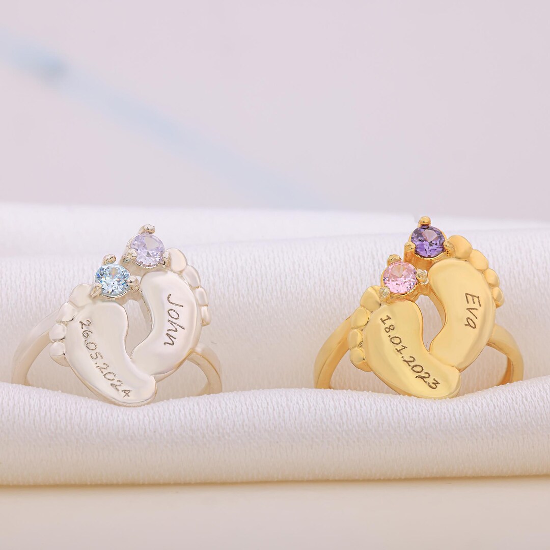 Double Birthstone Baby Foot Ring: Personalized Sterling Silver Mom Ring ...