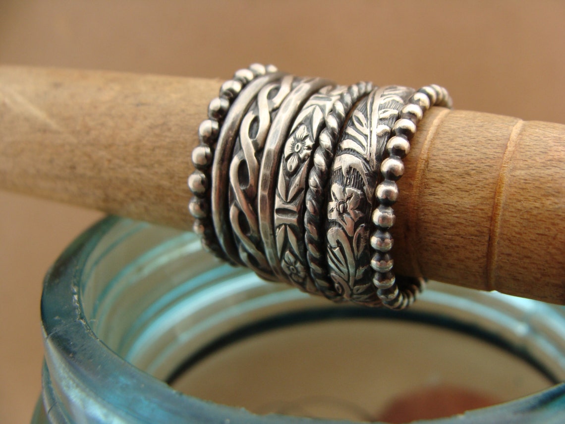 Oxidized Sterling Silver Stack Rings Set of 8 Floral - Etsy