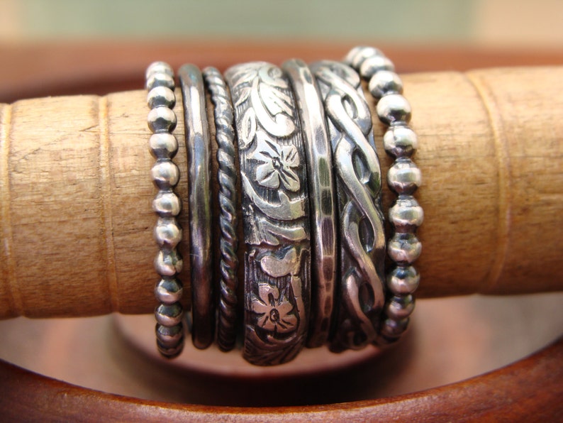 Oxidized Sterling Silver Stack Rings -- Set of 7 -- Floral, Rope, Braid ...