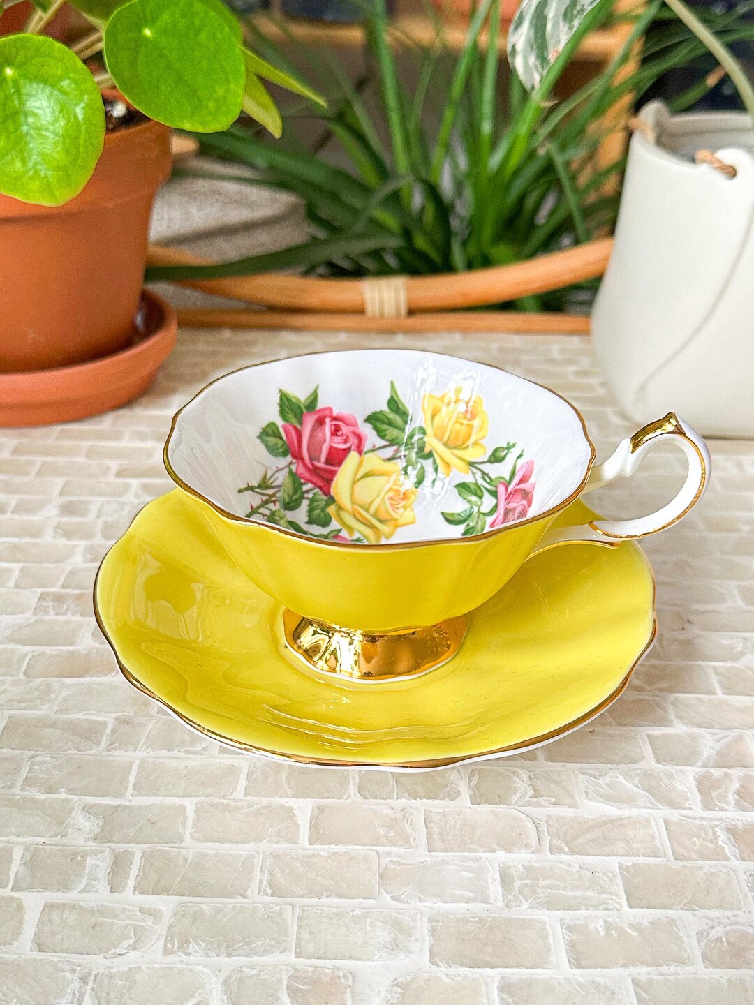 Vintage Queen Anne Lusterware Pink & Yellow Roses Footed Tea Cup and ...