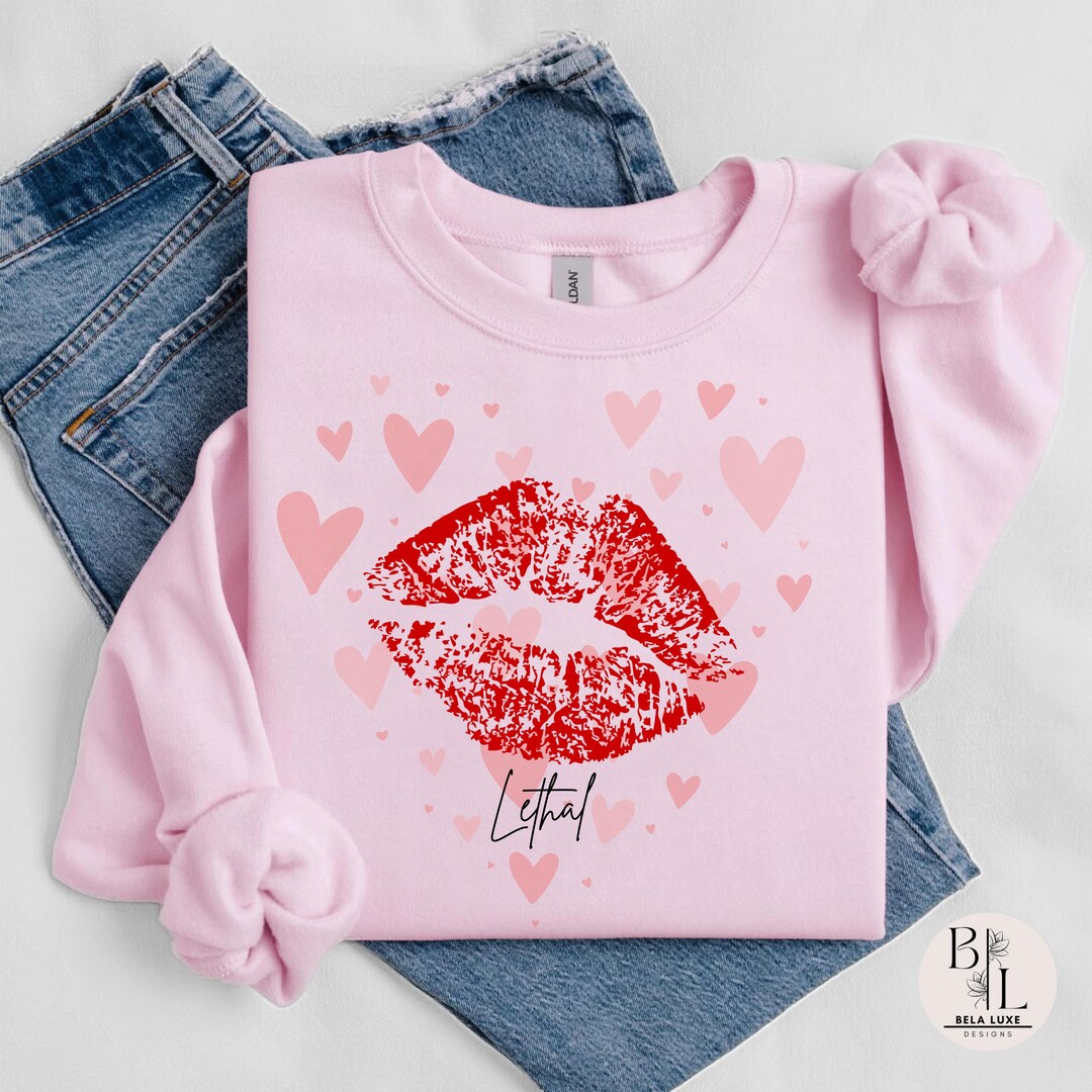 Red Lips Sweater, Kiss & Heart Sweater, Stylish Women's Graphic Sweater ...