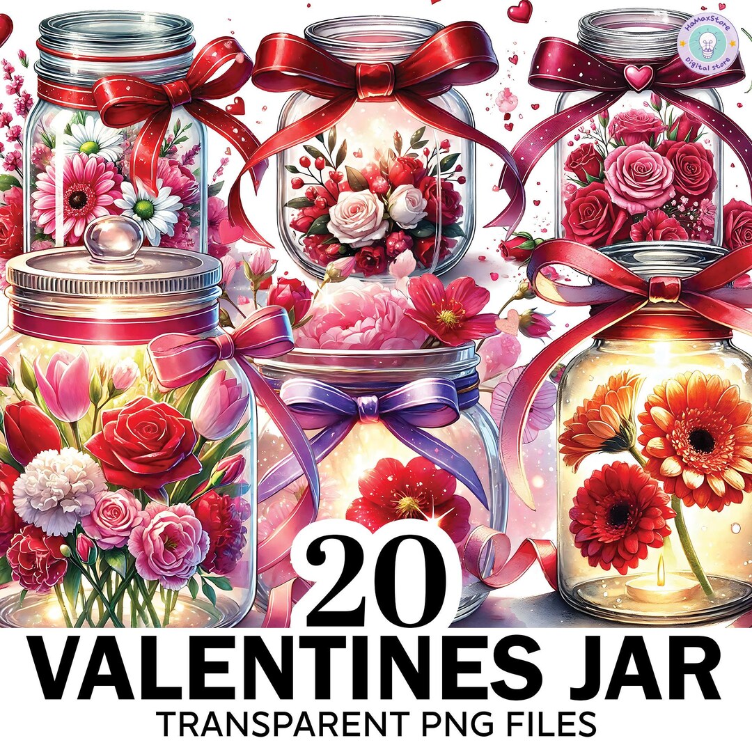 Watercolor Valentines Jar Clipart, 20 PNG Flower Jar Clipart ...