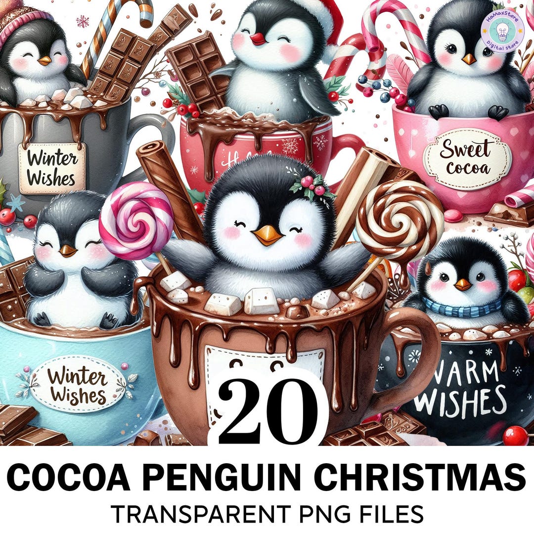 Watercolor Hot Cocoa Penguin Clipart, 20 PNG Cute Penguin Christmas ...