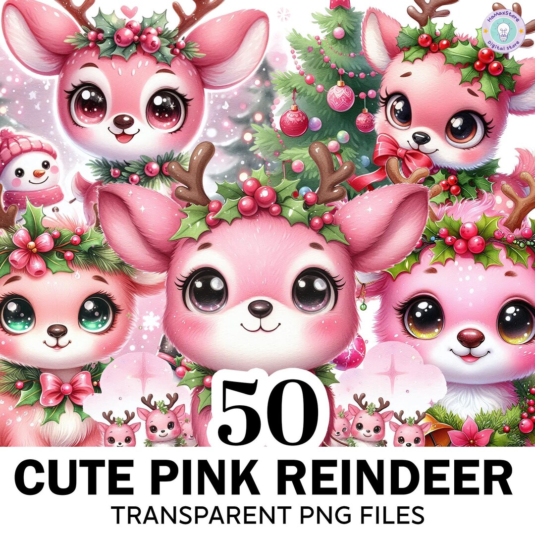Watercolor Cute Pink Reindeer Clipart, 20 PNG Funny Christmas Clipart ...