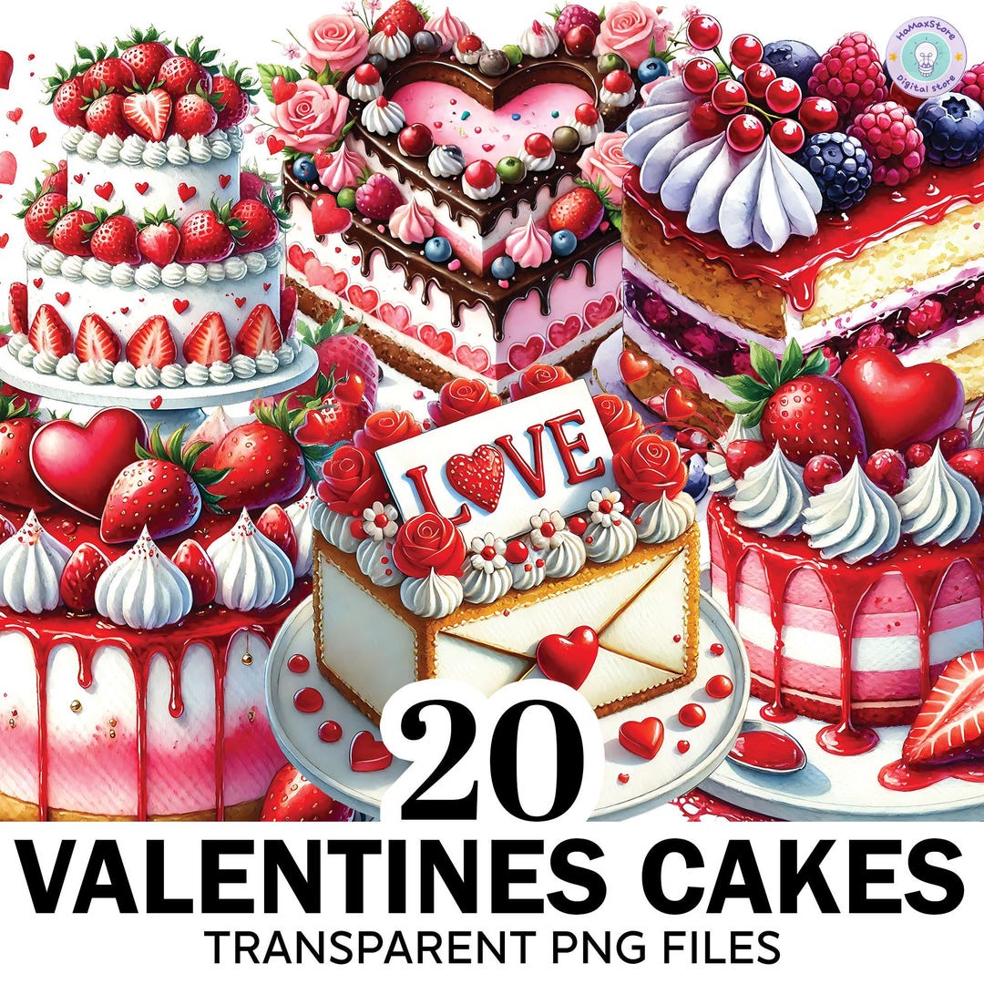 Watercolor Valentine Cakes Clipart, 20 PNG Valentine Day Dessert ...