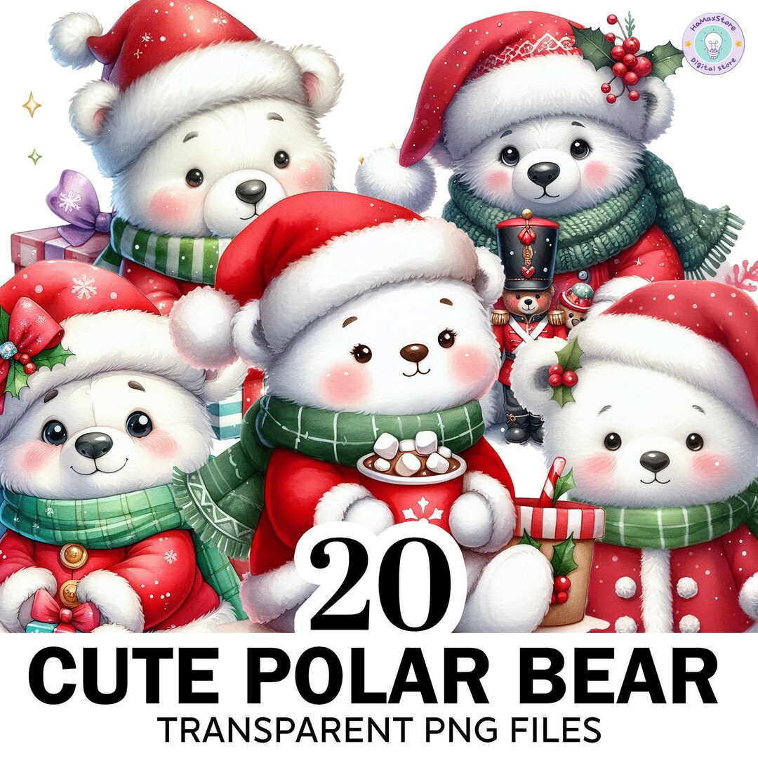 Watercolor Cute Polar Bear Clipart, 20 PNG Polar Bear Christmas Clipart ...