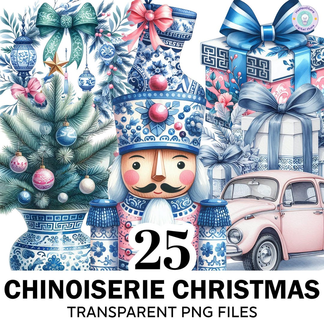Watercolor Chinoiserie Christmas Clipart, 25 PNG Grandmillenial Xmas ...