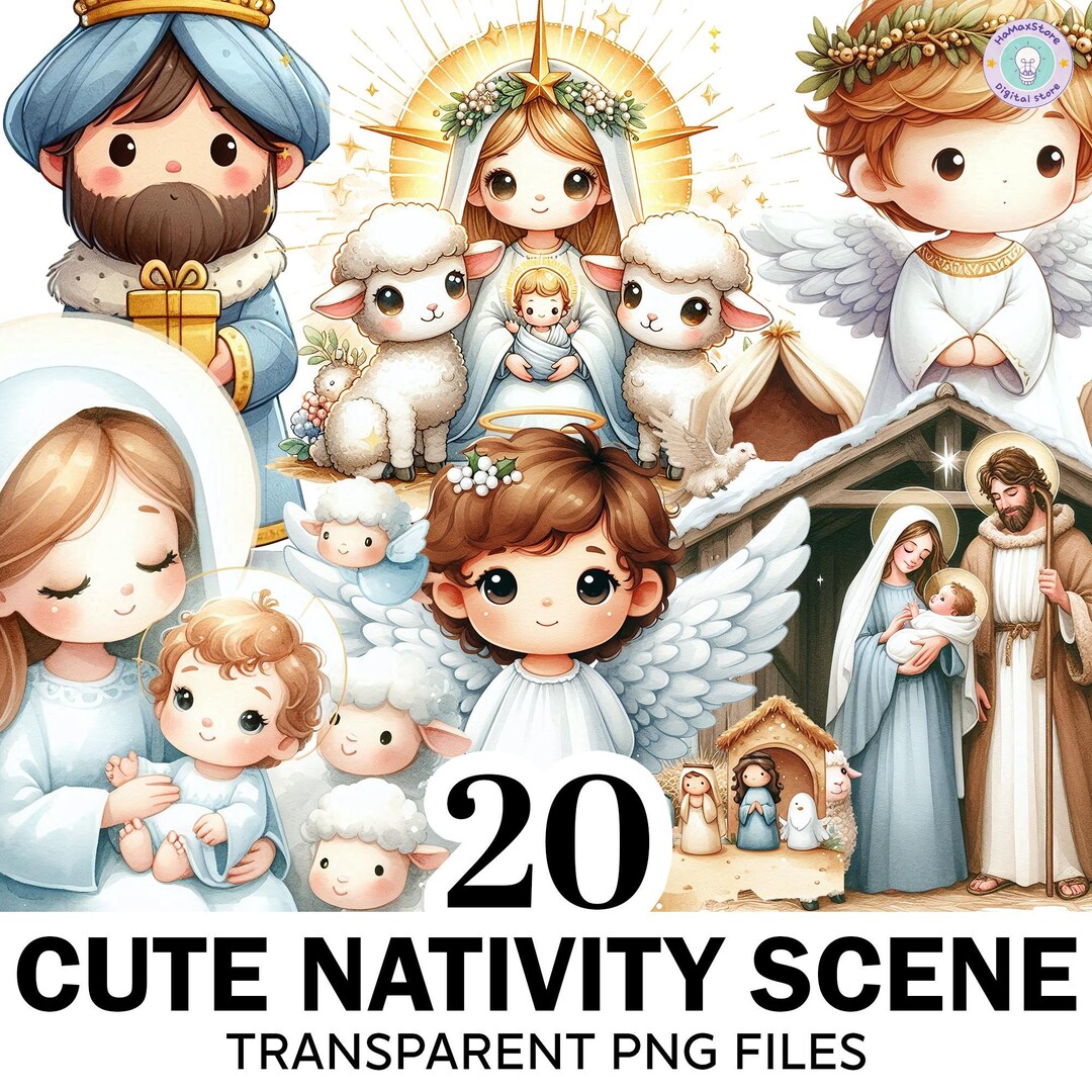 Watercolor Cute Nativity Scene Clipart, 20 PNG Christmas Scenes Clipart ...