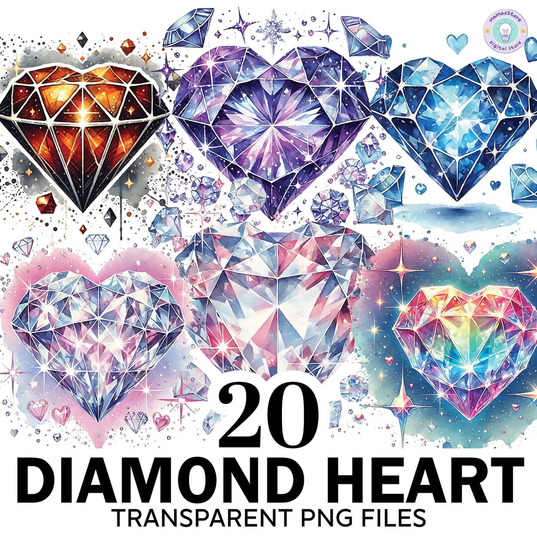 Watercolor Diamond Heart Clipart, 20 PNG Diamond Heart Glitter Clipart ...