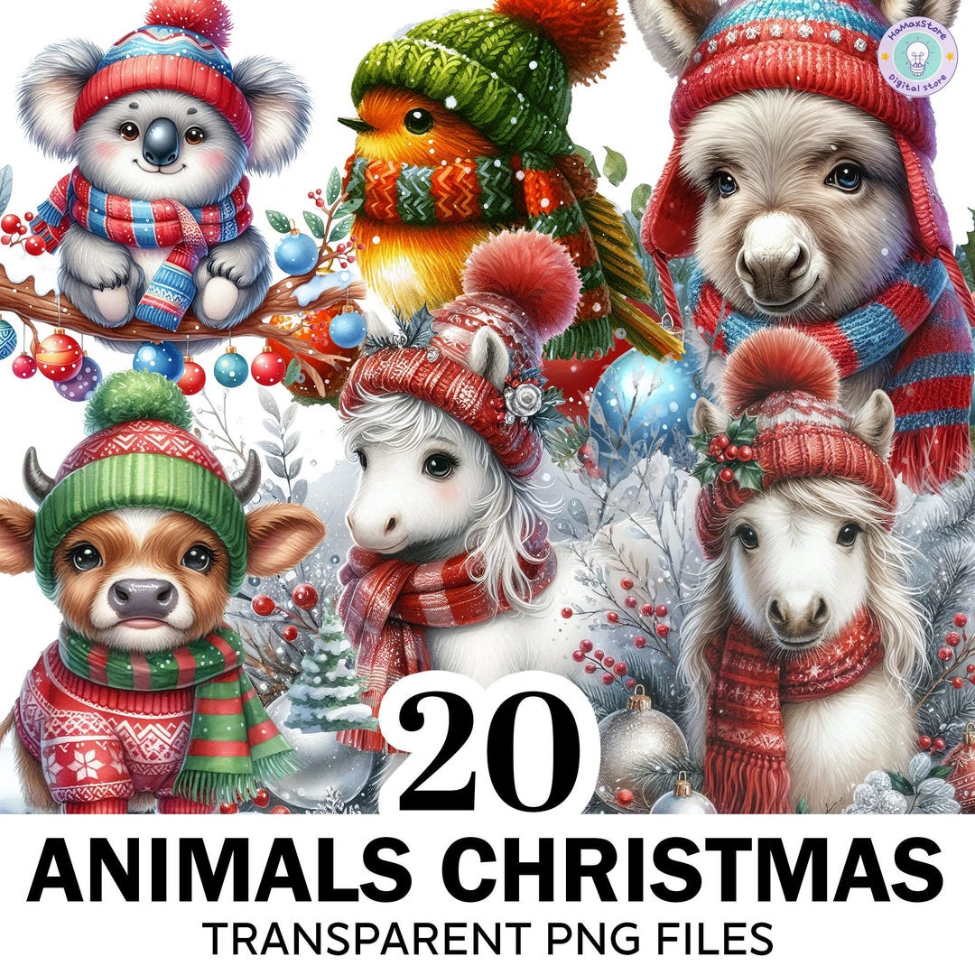 Watercolor Christmas Animals Clipart, 20 PNG Funny Animal Clipart ...