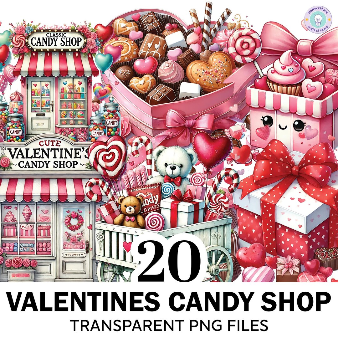 Watercolor Valentines Candy Shop Clipart, 20 PNG Valentines Candy Heart ...