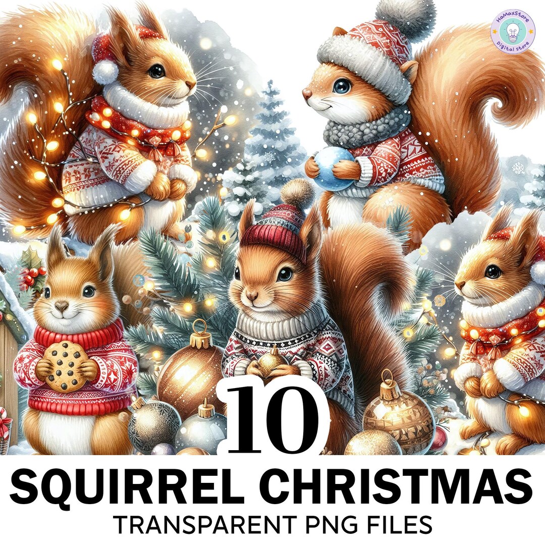 Watercolor Christmas Squirrel Clipart, 10 PNG Animal Christmas Clipart ...