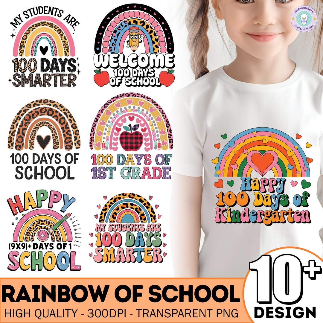 10 Rainbow 100 Day of School Clipart, 100 Days Brighter Png Bundle ...