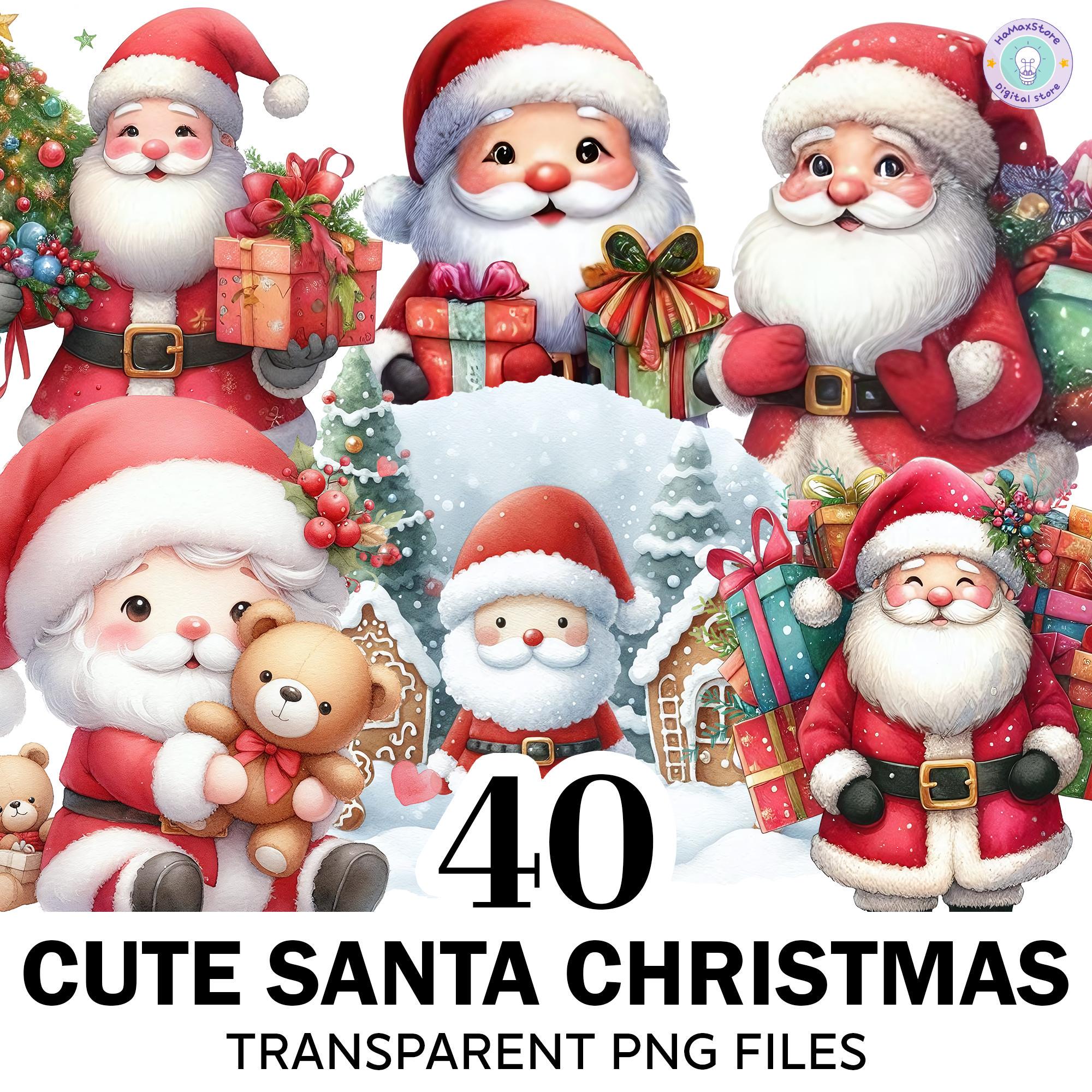 Watercolor Cute Santa Clipart, 40 PNG Cute Christmas Clipart, Christmas ...
