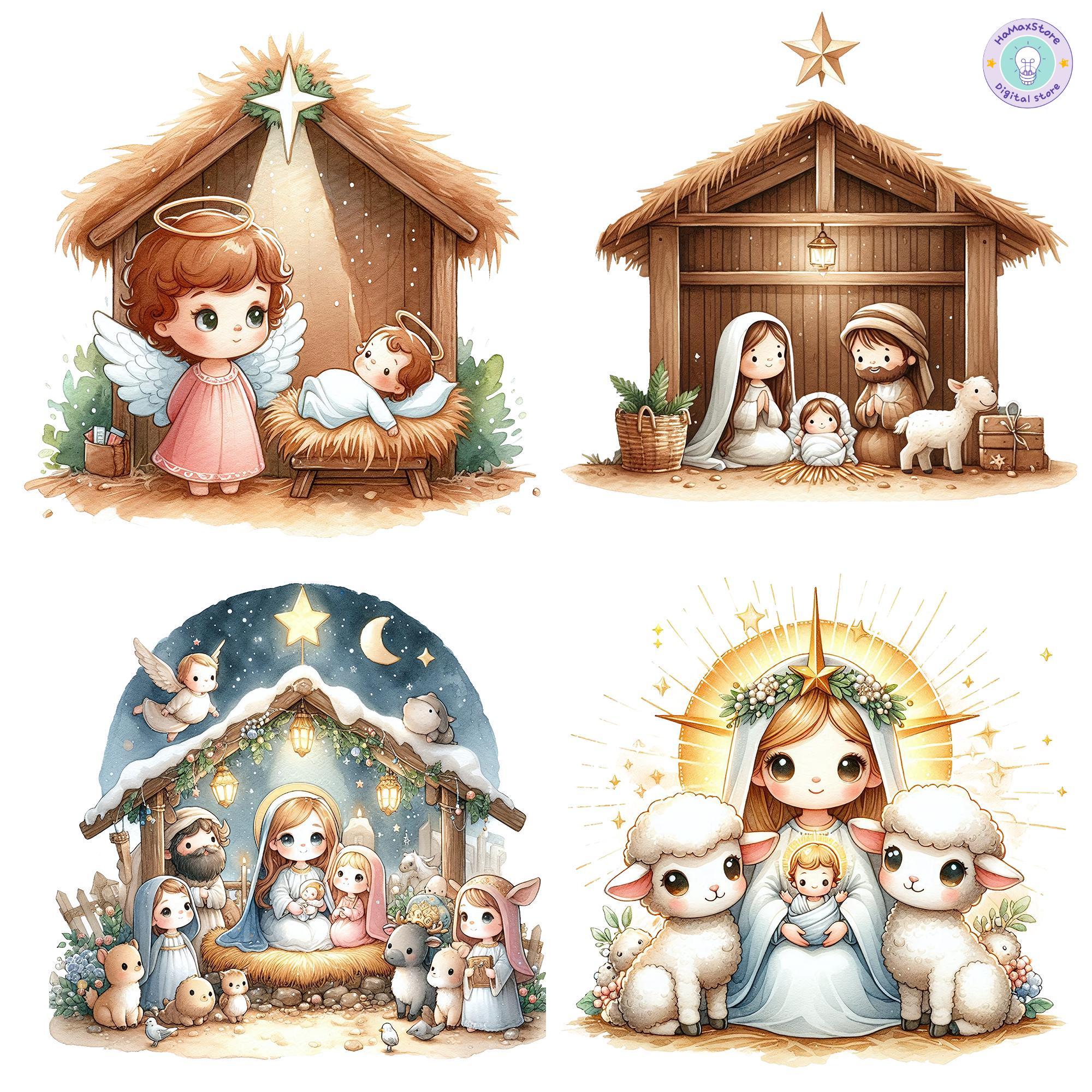 Watercolor Cute Nativity Scene Clipart, 20 PNG Christmas Scenes Clipart ...