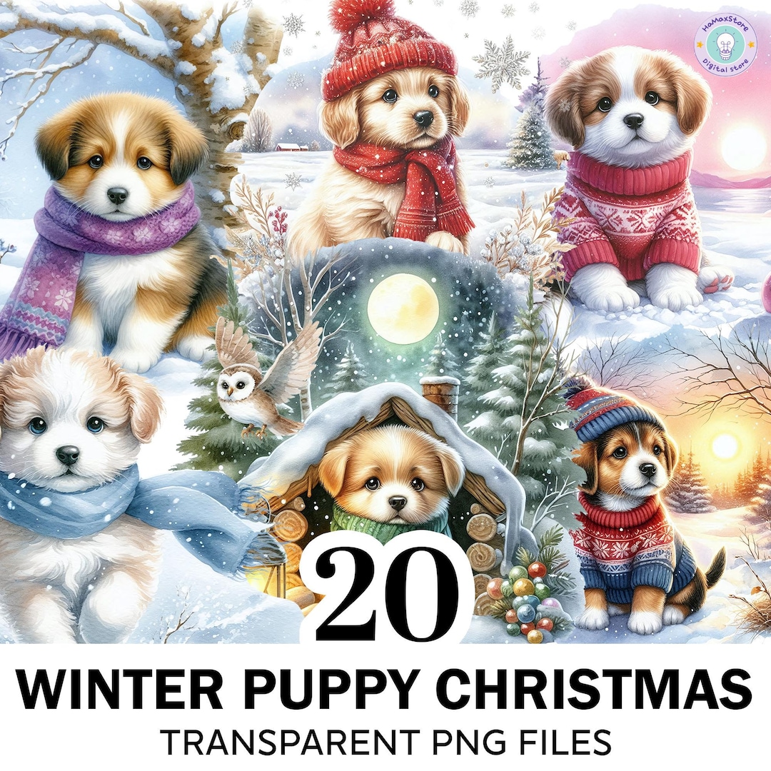 Watercolor Winter Puppy Clipart, 20 PNG Christmas Dog Clipart ...