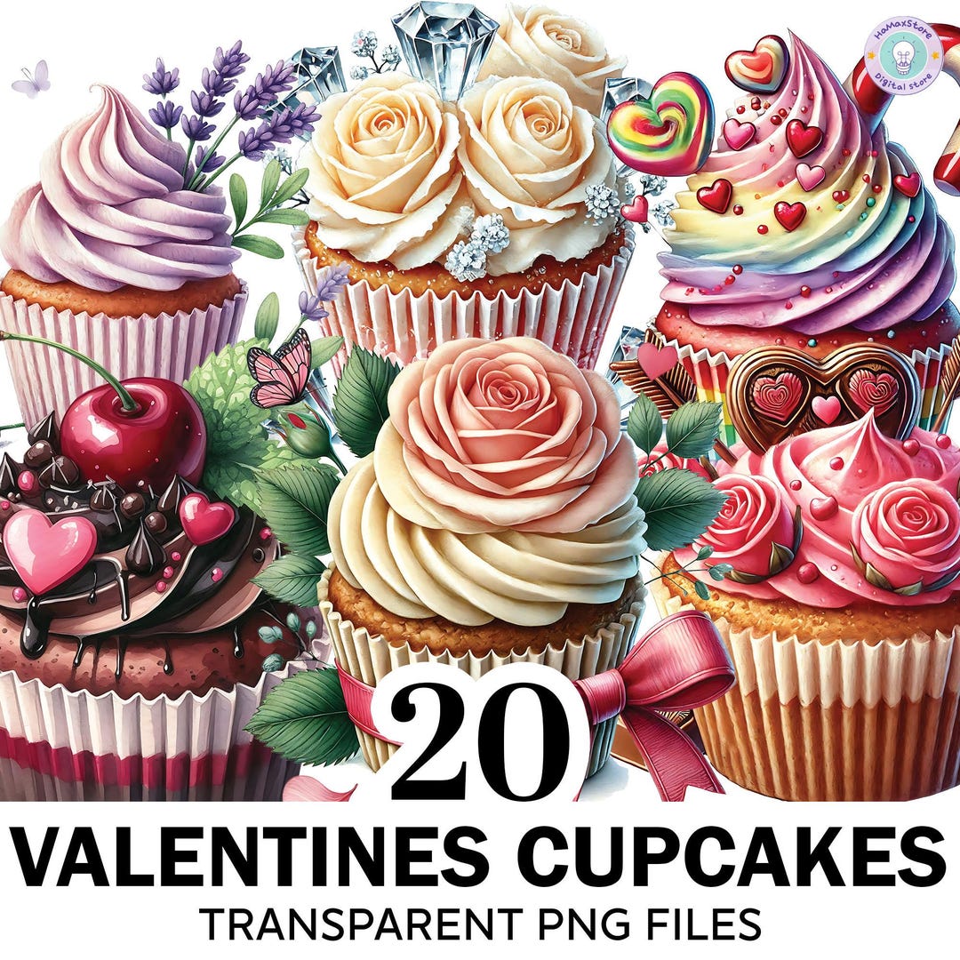 Watercolor Valentine Cupcake Clipart, 20 PNG Valentine Day Dessert ...