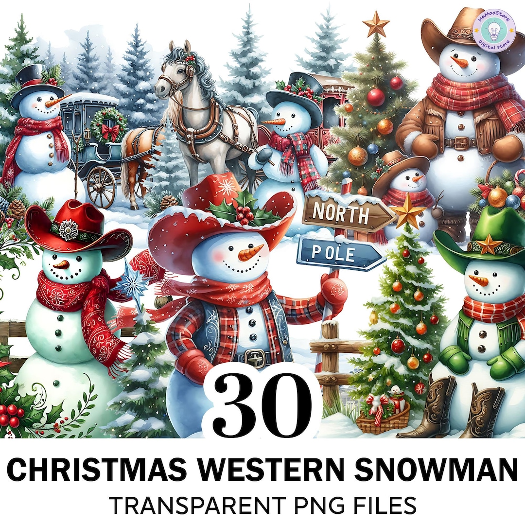 Watercolor Christmas Western Snowman Clipart, Xmas PNG Cute Winter ...