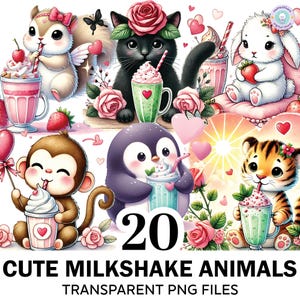 Watercolor Cute Milkshake Animals Clipart, 20 PNG Cute Animal Clipart ...