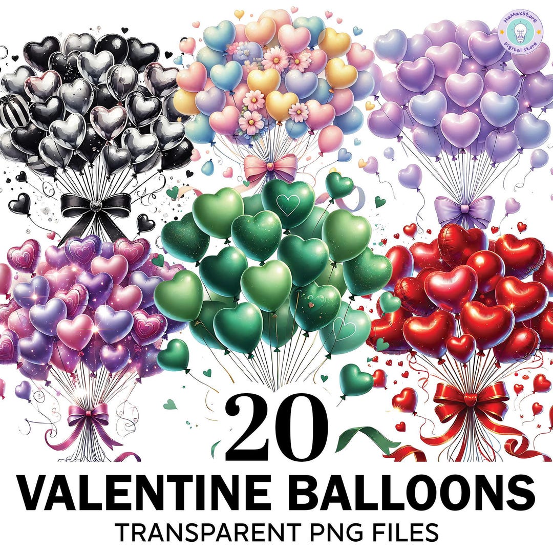 Watercolor Valentine's Day Balloons Clipart, 20 PNG Balloon Clipart ...