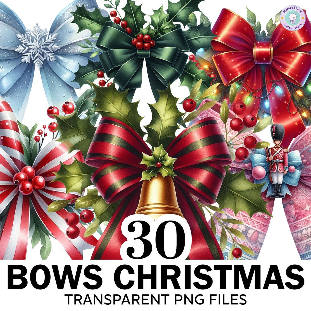 Watercolor Christmas Bows Clipart, 30 PNG Red Christmas Bows Clipart ...