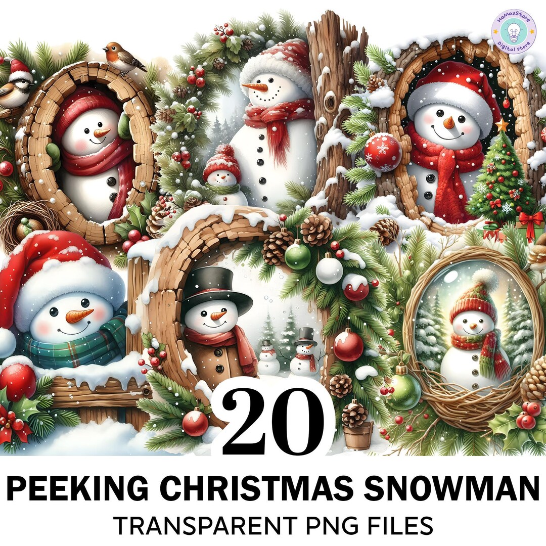 Watercolor Peeking Christmas Snowman Clipart, Xmas PNG Festive Snowman ...