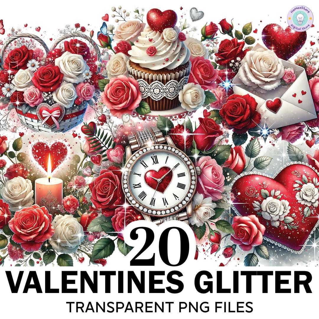 Watercolor Valentines Glitter Clipart, 20 PNG Heart Glitter Clipart ...
