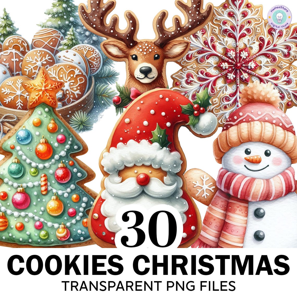 Watercolor Christmas Cookies Clipart, 30 PNG Gingerbread Cookie Clipart ...