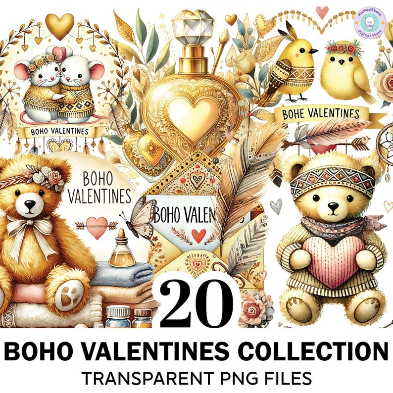 Watercolor Boho Valentines Clipart, 20 PNG Boho Romantic Valentine ...