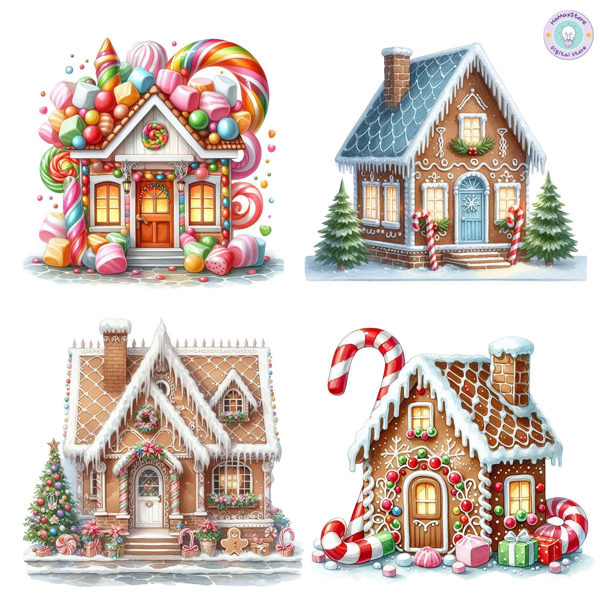 Watercolor Gingerbread Houses Clipart, 20 PNG Christmas Decor Clipart ...