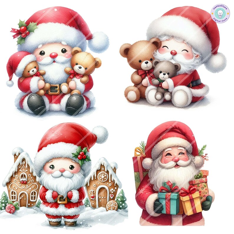 Watercolor Cute Santa Clipart, 40 PNG Cute Christmas Clipart, Christmas ...