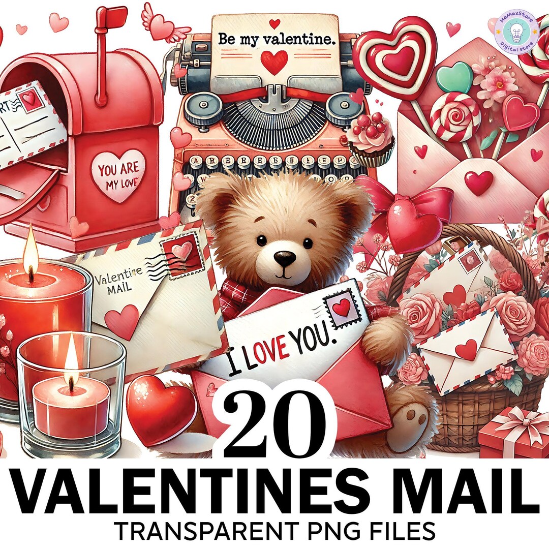 Watercolor Valentines Mail Clipart, 20 PNG Romantic Mail Clipart ...