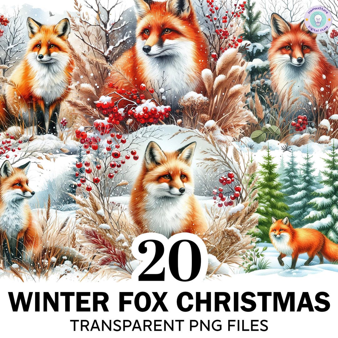 Watercolor Winter Fox Clipart, 20 PNG Christmas Animal Clipart ...