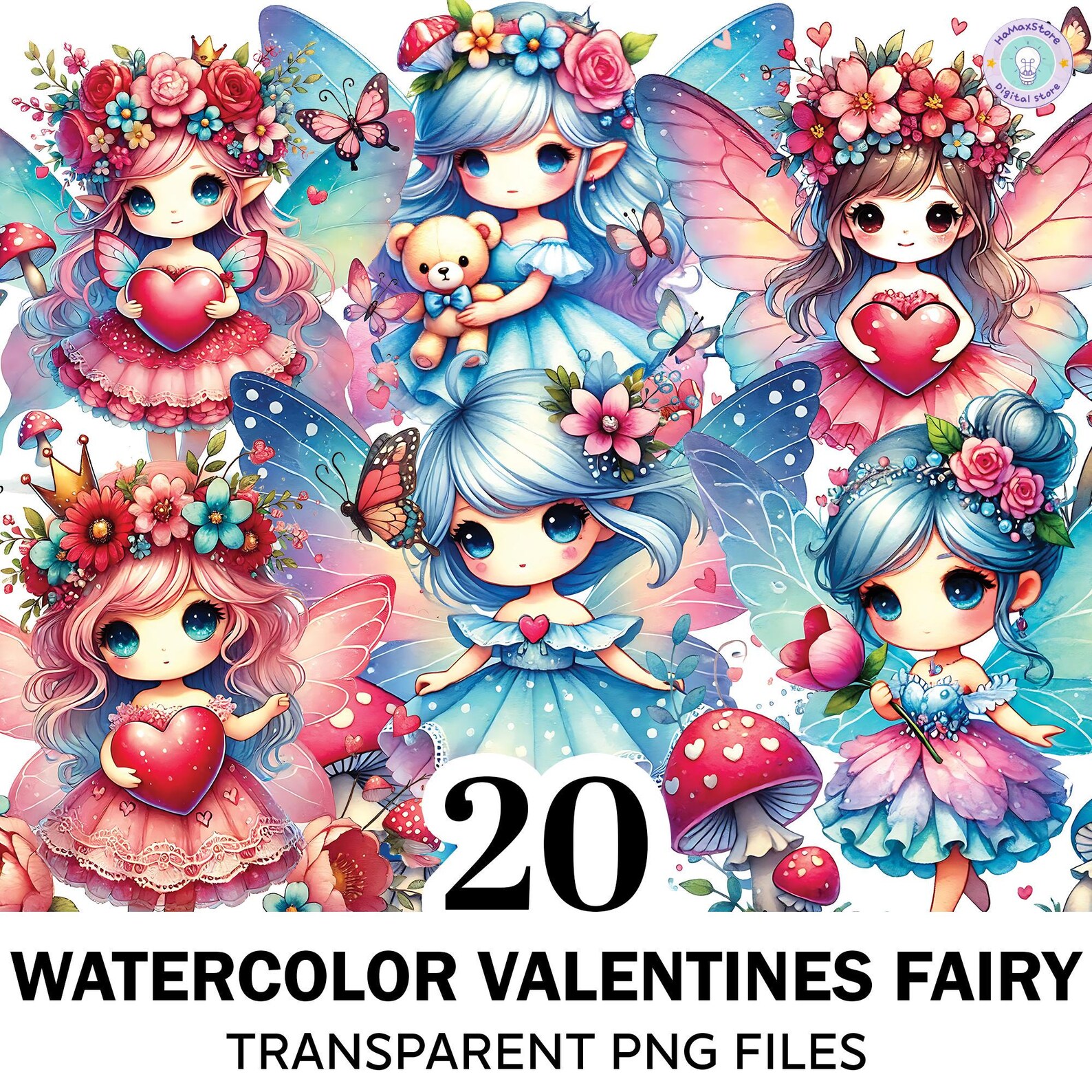 Watercolor Valentines Fairy Clipart, 20 PNG Fairy Tale Clipart ...