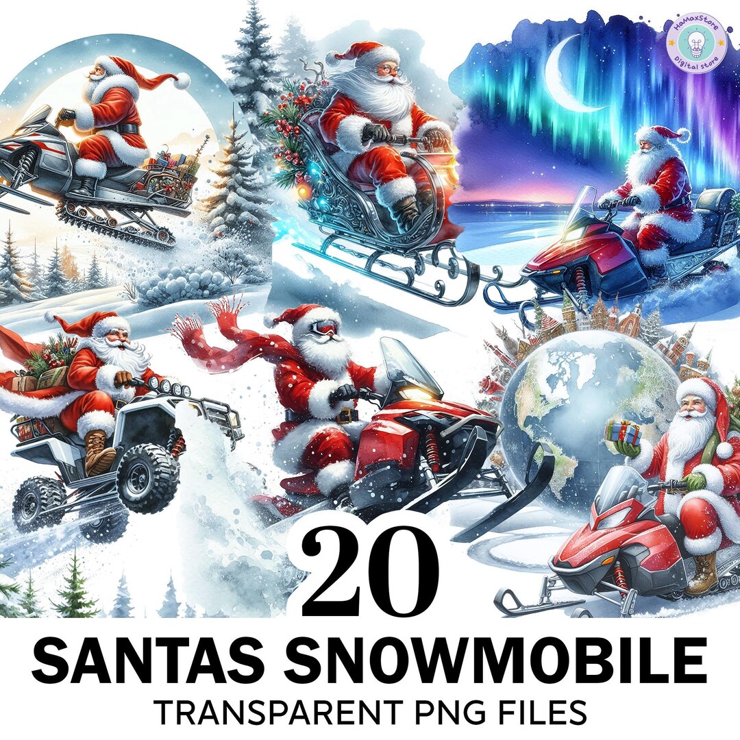 Watercolor Santas Snowmobile Clipart, 20 PNG Festive Santa Clipart ...