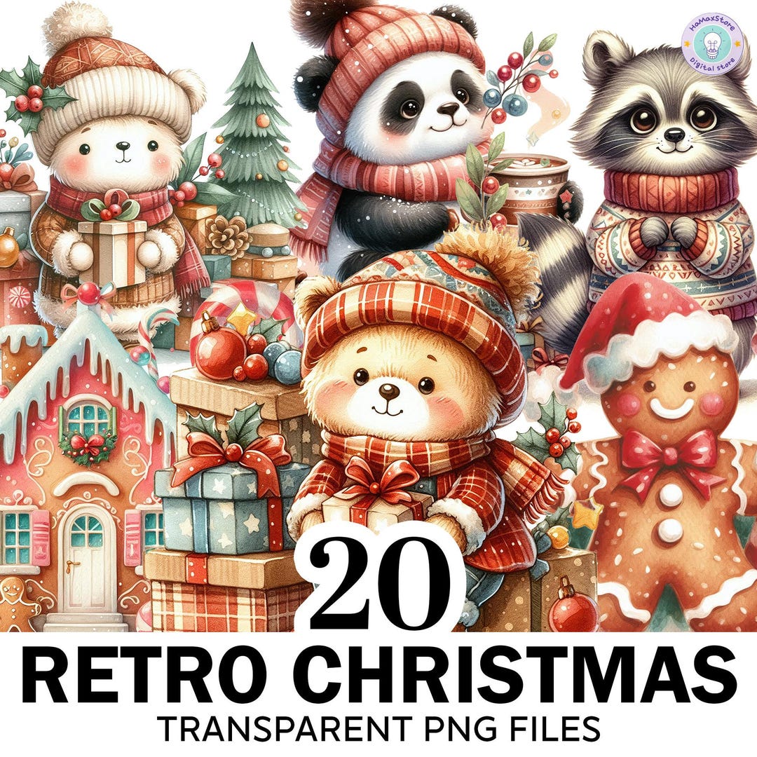 Watercolor Retro Christmas Clipart, 20 PNG Printable Watercolor Clipart ...
