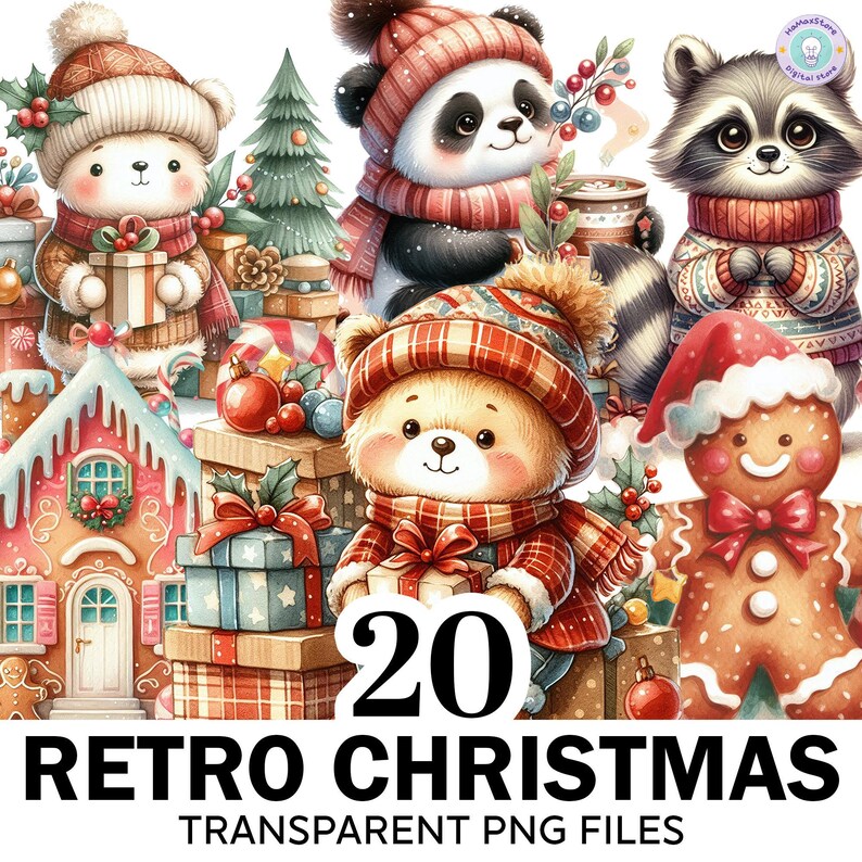 Watercolor Retro Christmas Clipart, 20 PNG Printable Watercolor Clipart ...