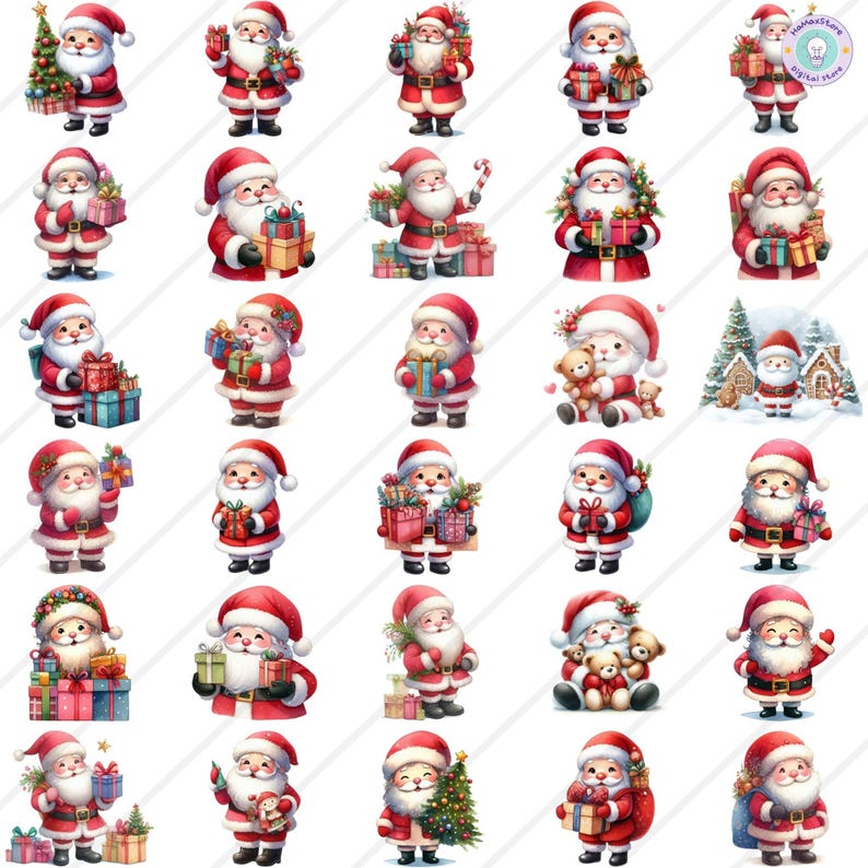 Watercolor Cute Santa Clipart, 40 PNG Cute Christmas Clipart, Christmas ...