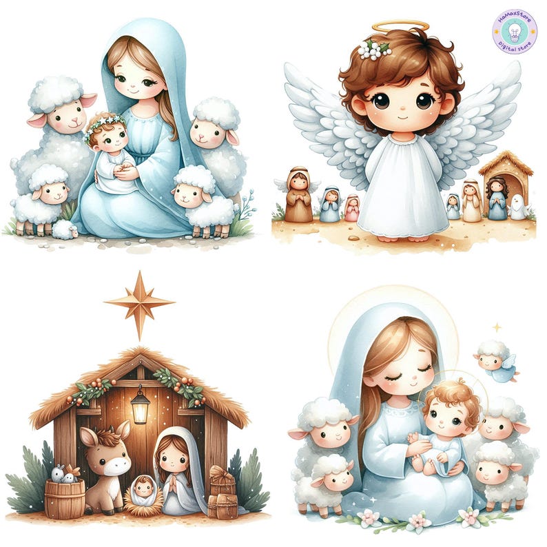 Watercolor Cute Nativity Scene Clipart, 20 PNG Christmas Scenes Clipart ...