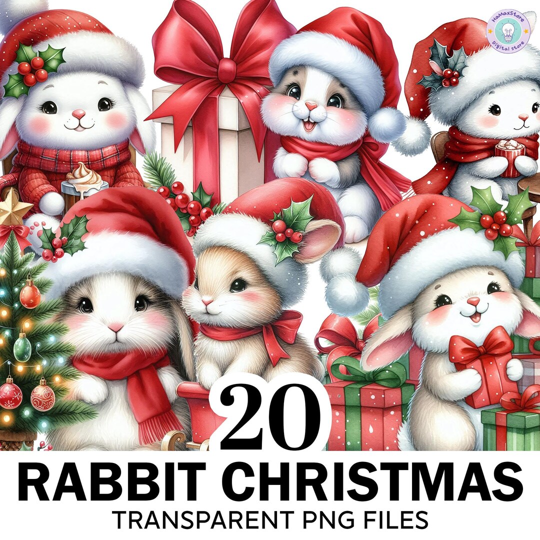 Watercolor Christmas Rabbit Clipart, 20 PNG Christmas Decoration ...