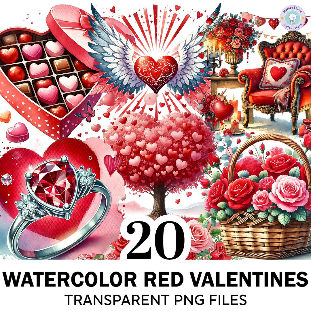 Watercolor Red Valentines Clipart, 20 PNG Red Valentine Clipart ...