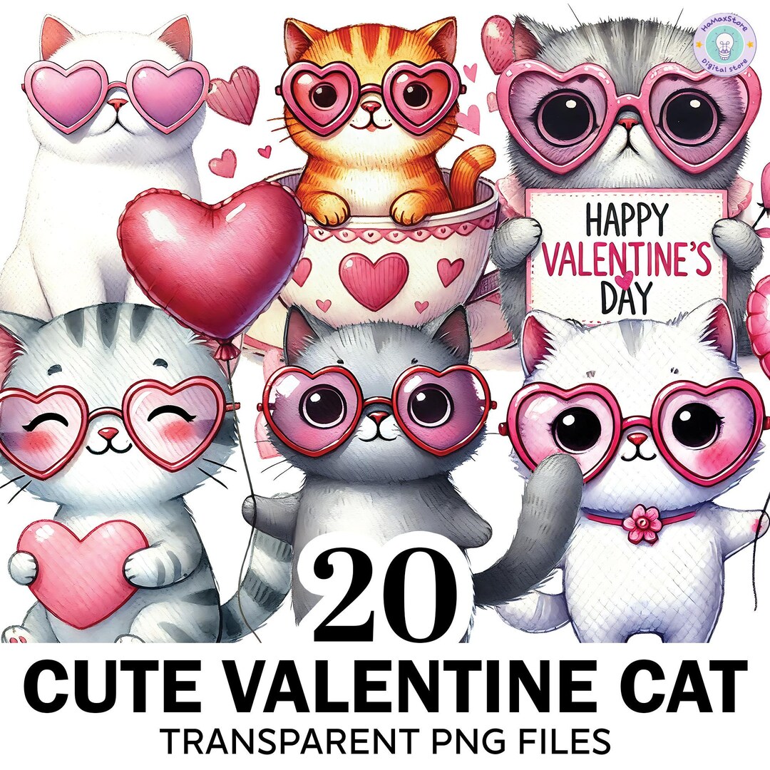 Watercolor Cute Valentine Cat Clipart, 20 PNG Cute Cat Clipart, Happy ...