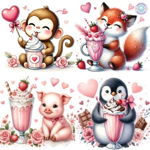 Watercolor Cute Milkshake Animals Clipart, 20 PNG Cute Animal Clipart ...