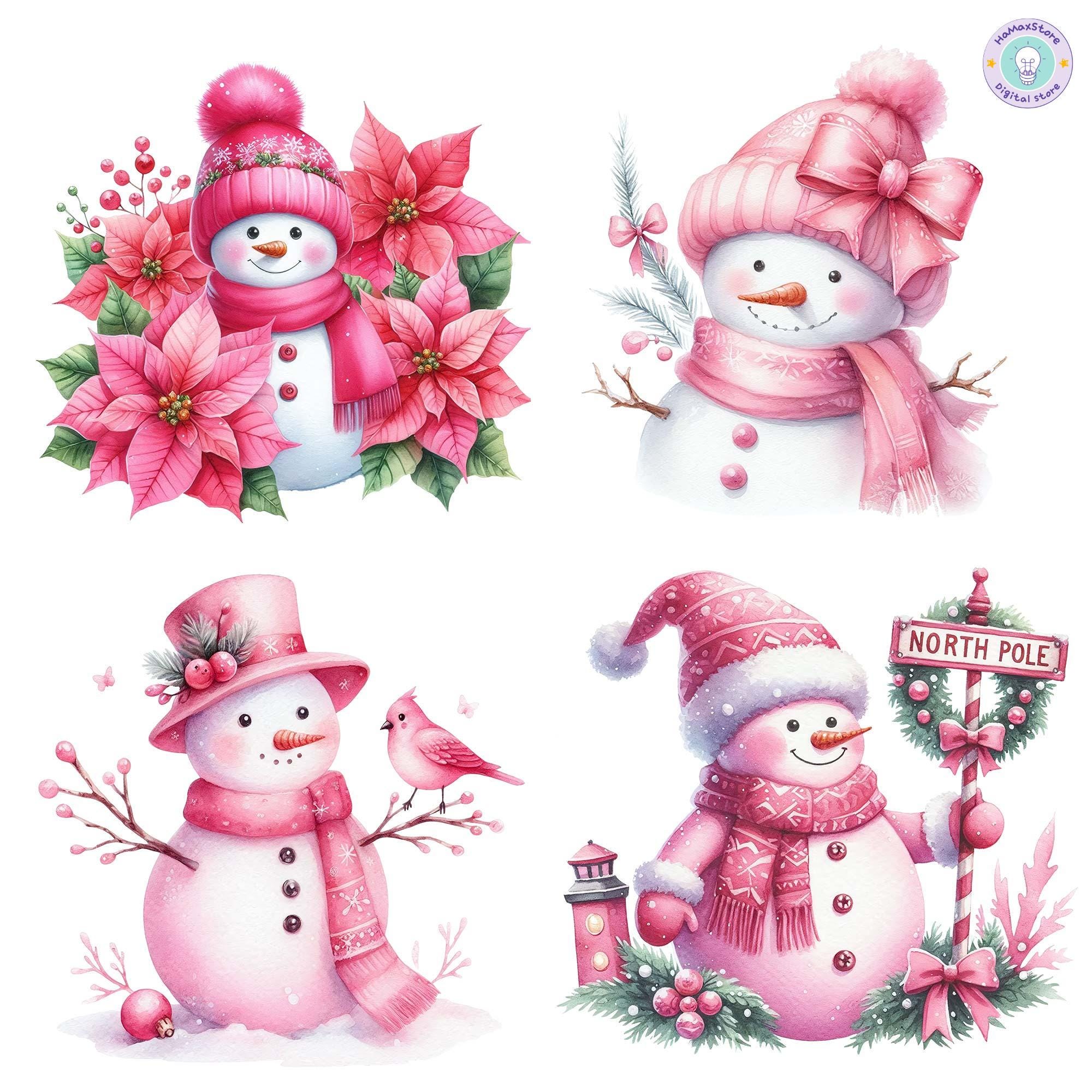Watercolor Pink Snowman Clipart, 30 PNG Cute Pink Snowman Clipart ...